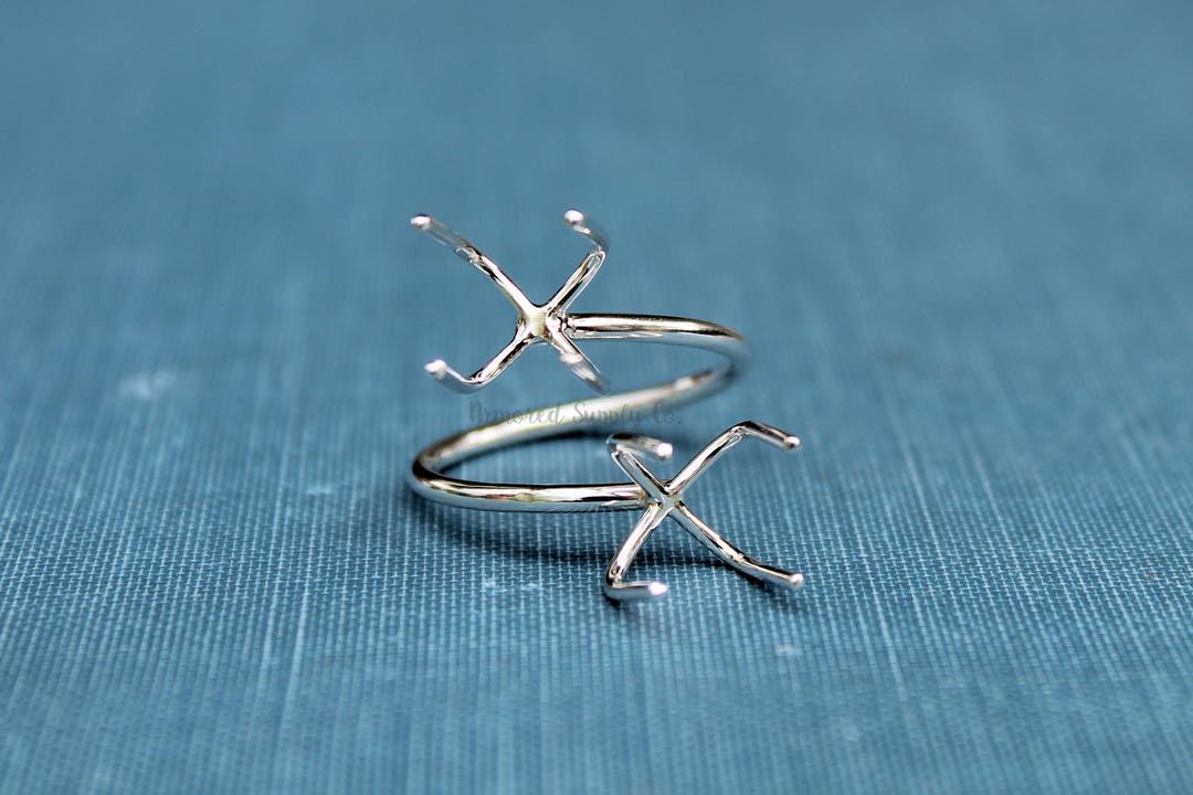 Double Claw Wrap Ring Blank, Adjustable Open Ring, Raw Stone Ring, Double Claw Prong Silver Ring ...