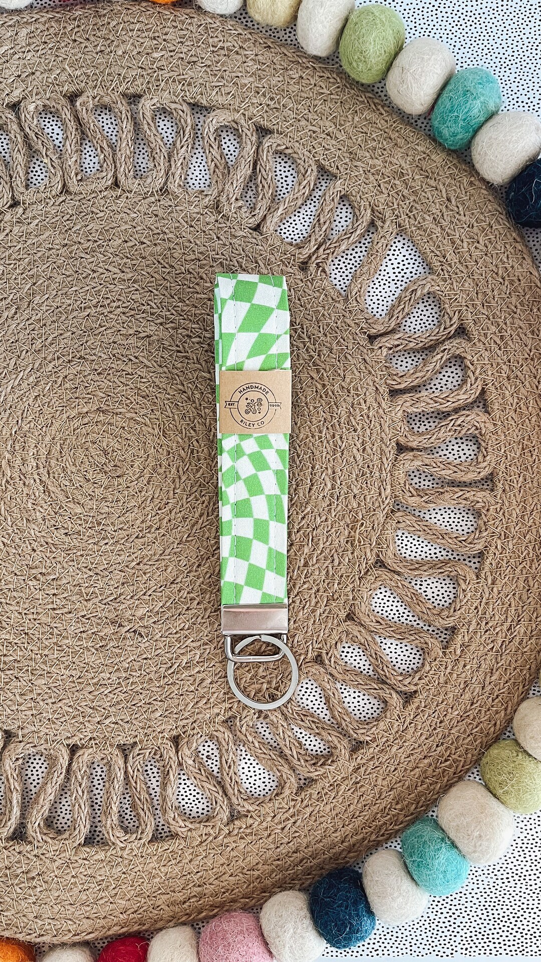Wavy Green Checkered Key Fob Lime Green Retro Wristlet Groovy Keychains ...