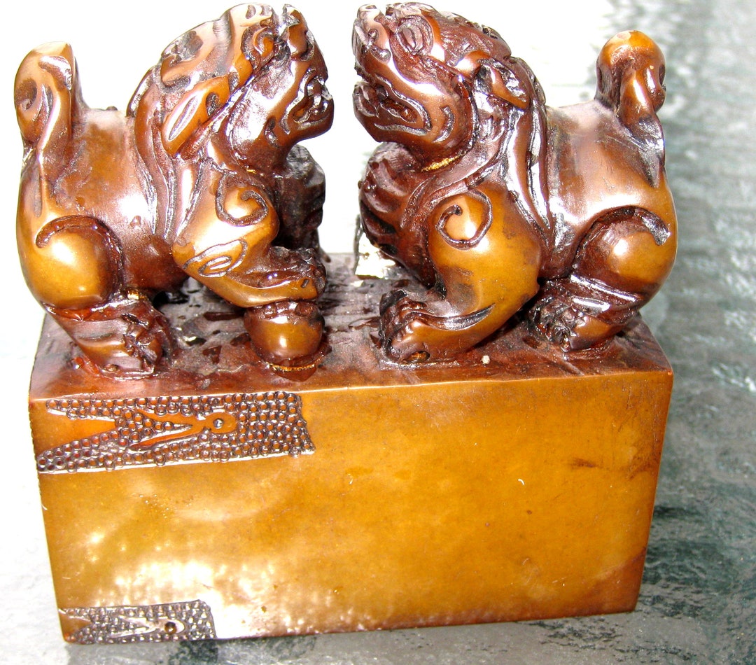 Hand Carved Chinese Shou Shan Stone Double Lion Seal Stamp Lettered ...