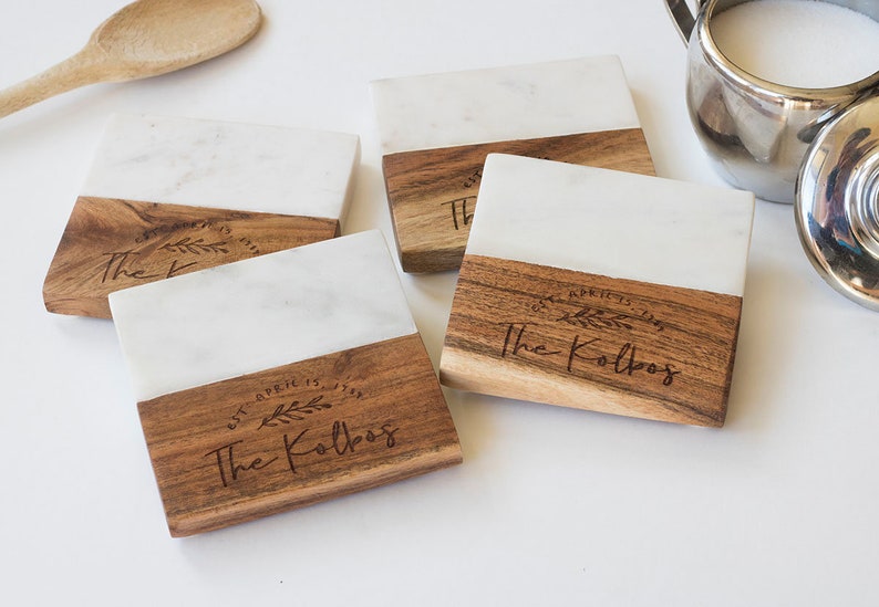 Marble and Wood Engraved Coaster Set Marble Coasters - Etsy