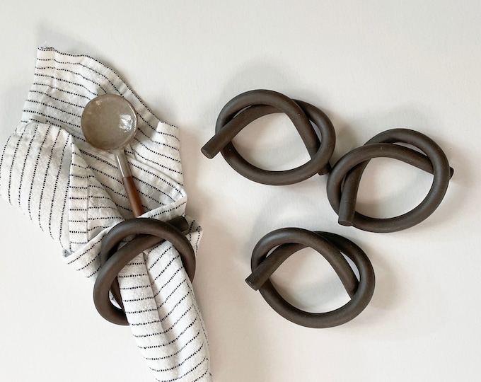 Handmade Stoneware Ceramic Knot, Ceramic Napkin Ring Set of 4 Chocolate ...
