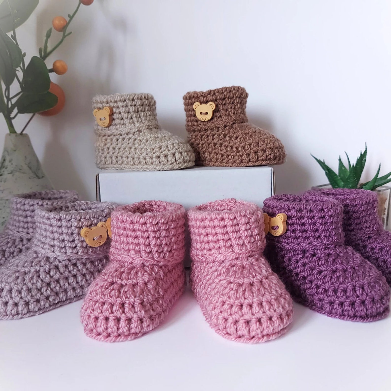 Crochet Baby Booties With Teddy Button, Handmade Infant Baby Shoes ...