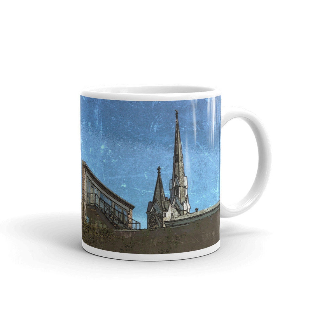 Sky Blue Church Steeple Coffee Cup, City Skyline Soup Mug, Religious ...