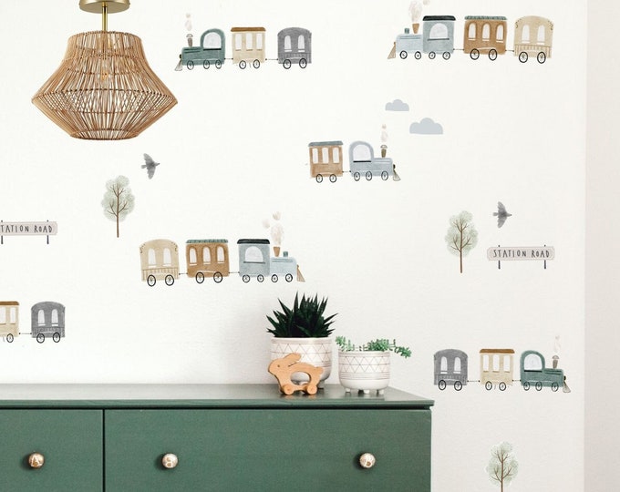 Watercolor Train Wall Decals, Train Wall Stickers, Boho Neutral Boy ...