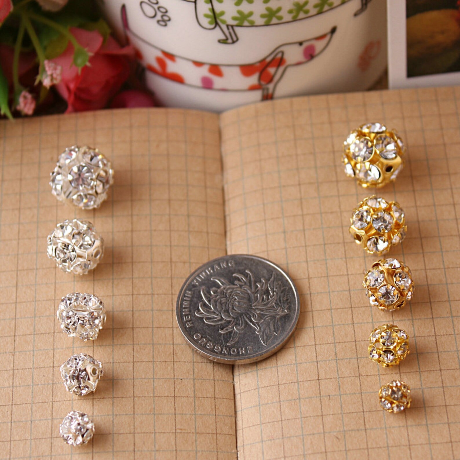 10pcs-6/8/10/12/14mm Gold Silver Fire Ball Round Rhinestone Spacer Bead ...