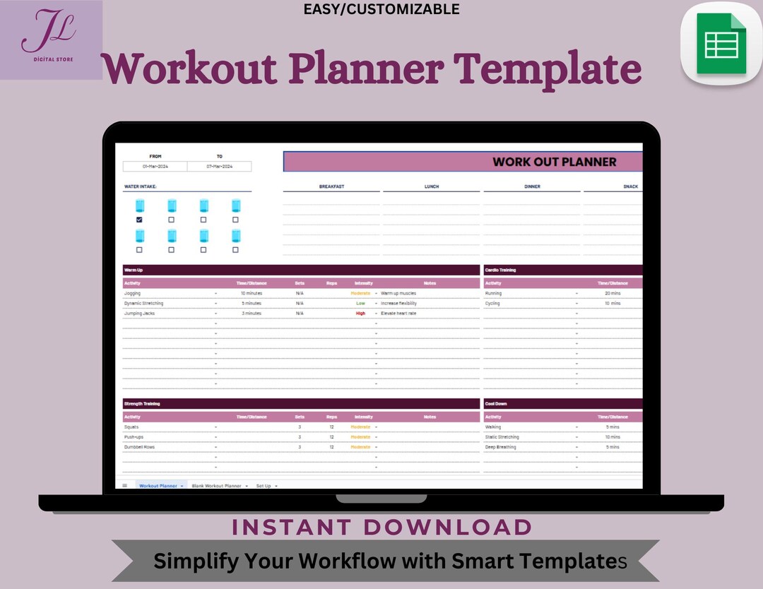 Workout Planner Template, Digital Download, Editable Google Sheets ...