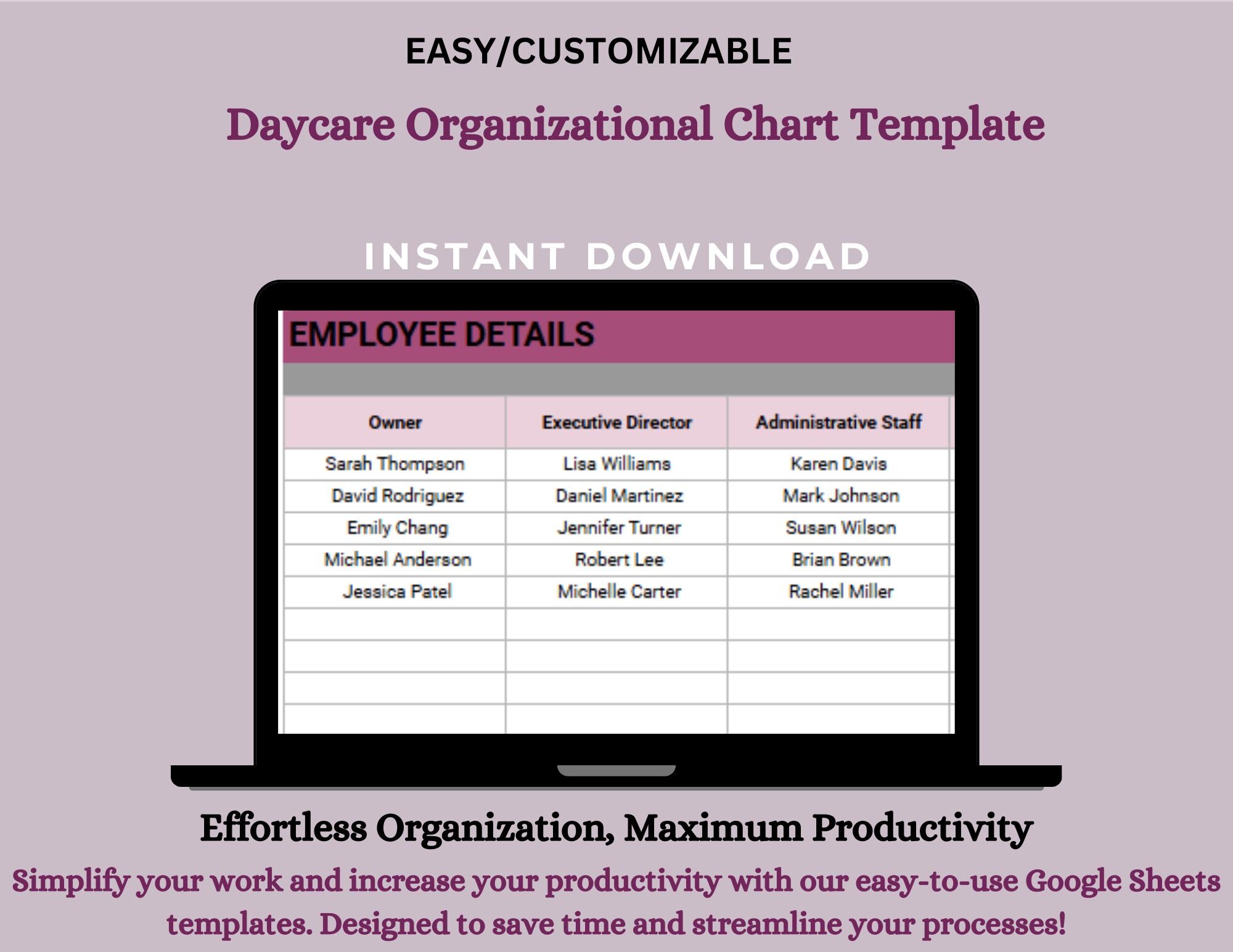 Daycare Organizational Chart Template, Editable Google Sheets, Digital ...