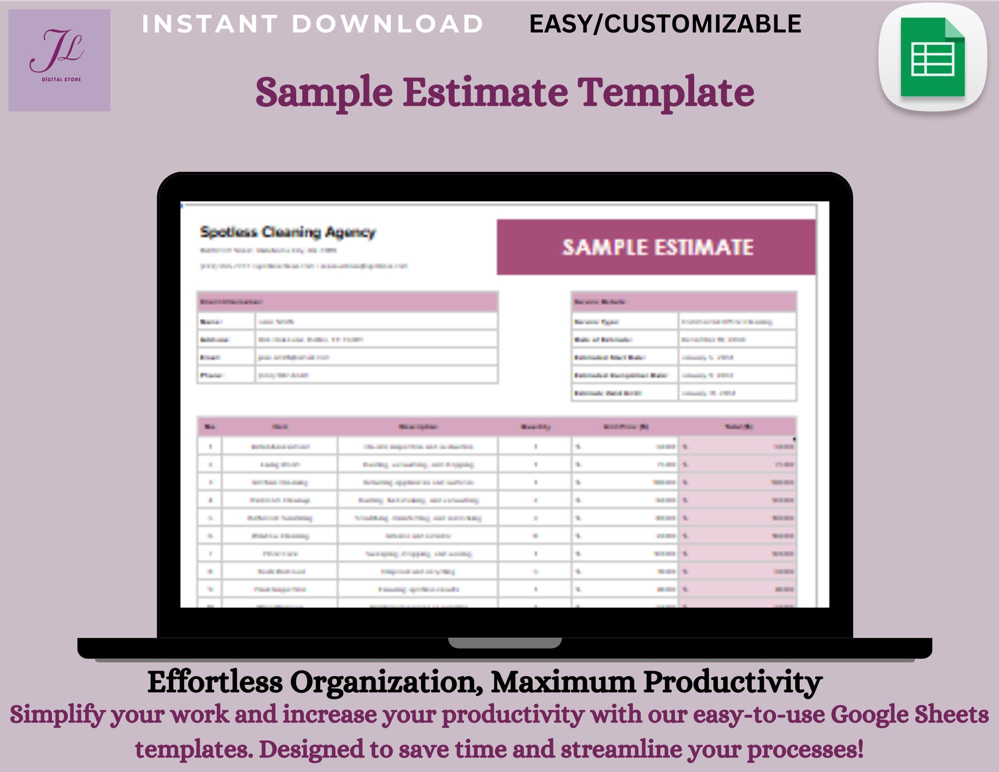 Sample Estimate Template – Digital Download, Editable Google Sheets for ...