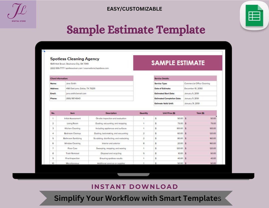 Sample Estimate Template – Digital Download, Editable Google Sheets for ...