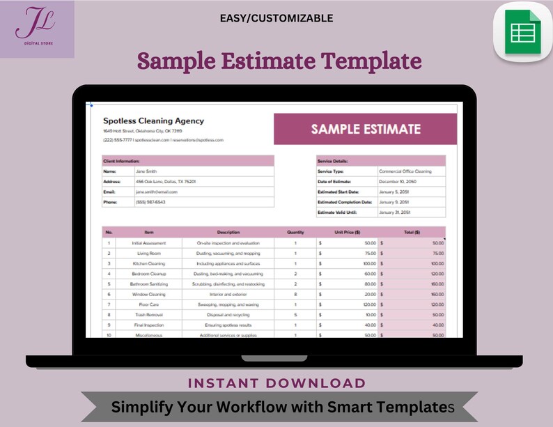Sample Estimate Template – Digital Download, Editable Google Sheets for ...