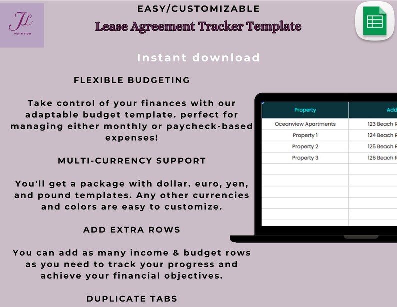 Lease Agreement Tracker Template – Digital Download, Editable Google ...