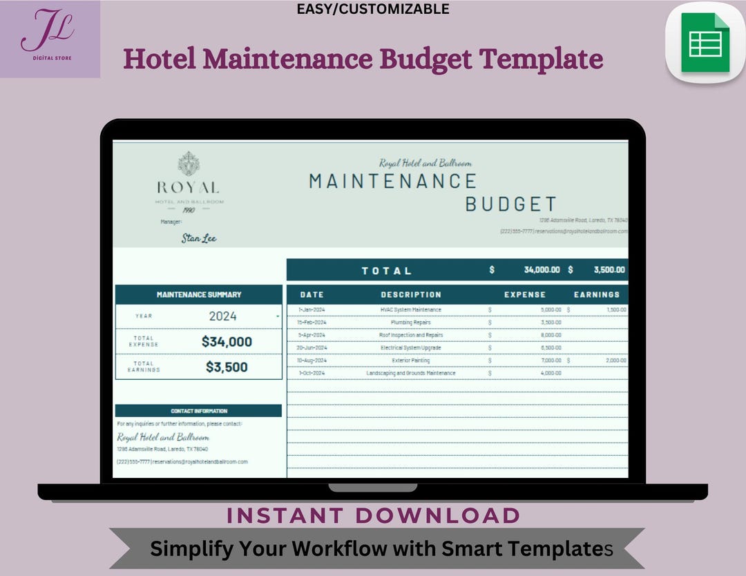 Hotel Maintenance Budget Template – Digital Download, Editable Google ...
