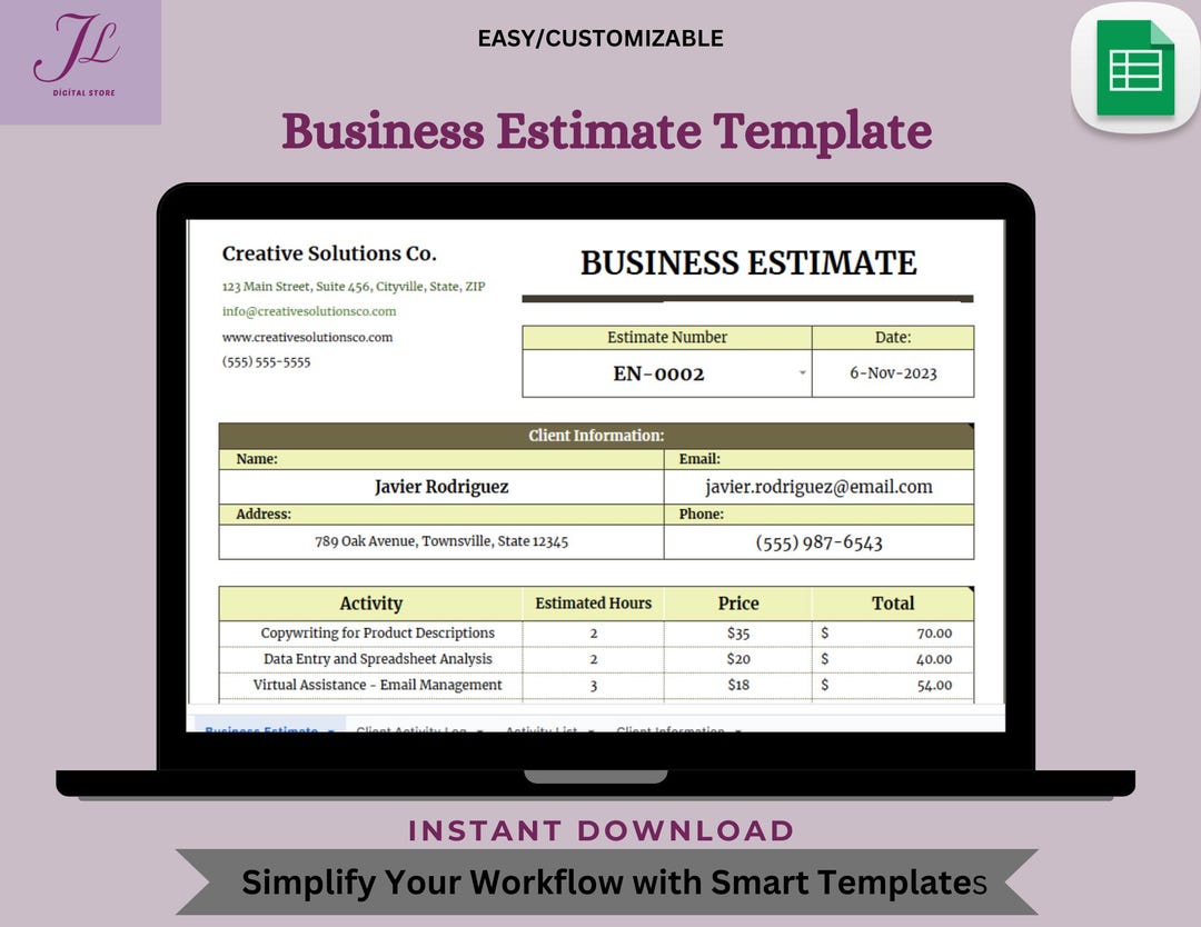 Business Estimate Template: Editable Quote Form, Google Sheets (digital ...