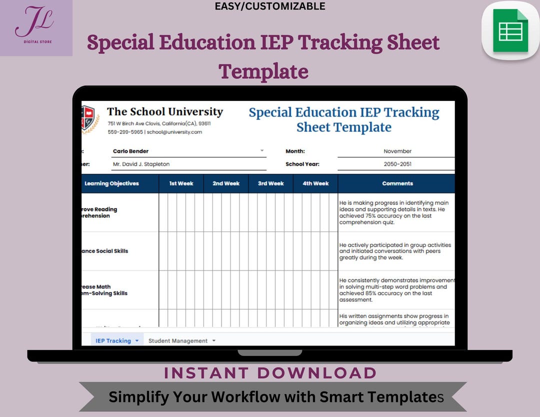 IEP Tracking Sheet Template: Special Education, Editable Google Sheets ...