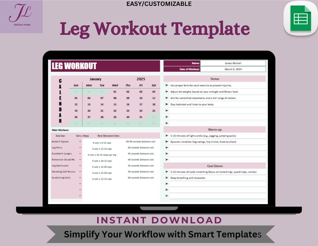 Leg Workout Template, Digital Download, Editable Google Sheets, Leg Day ...