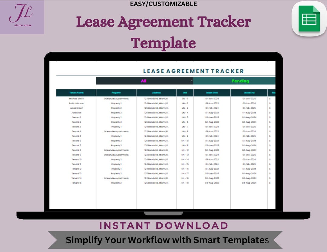 Lease Agreement Tracker Template – Digital Download, Editable Google ...