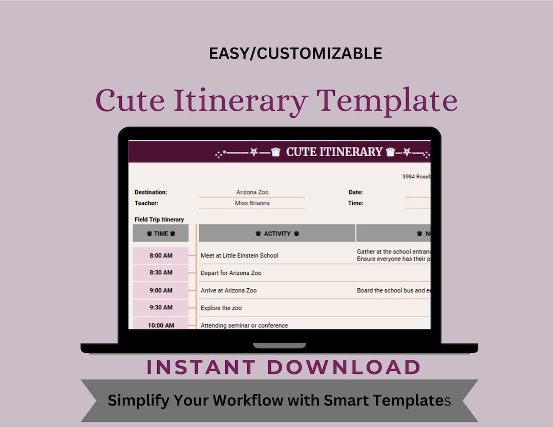 Cute Itinerary Template, Google Sheets, Fun&stylish Travel Planner ...
