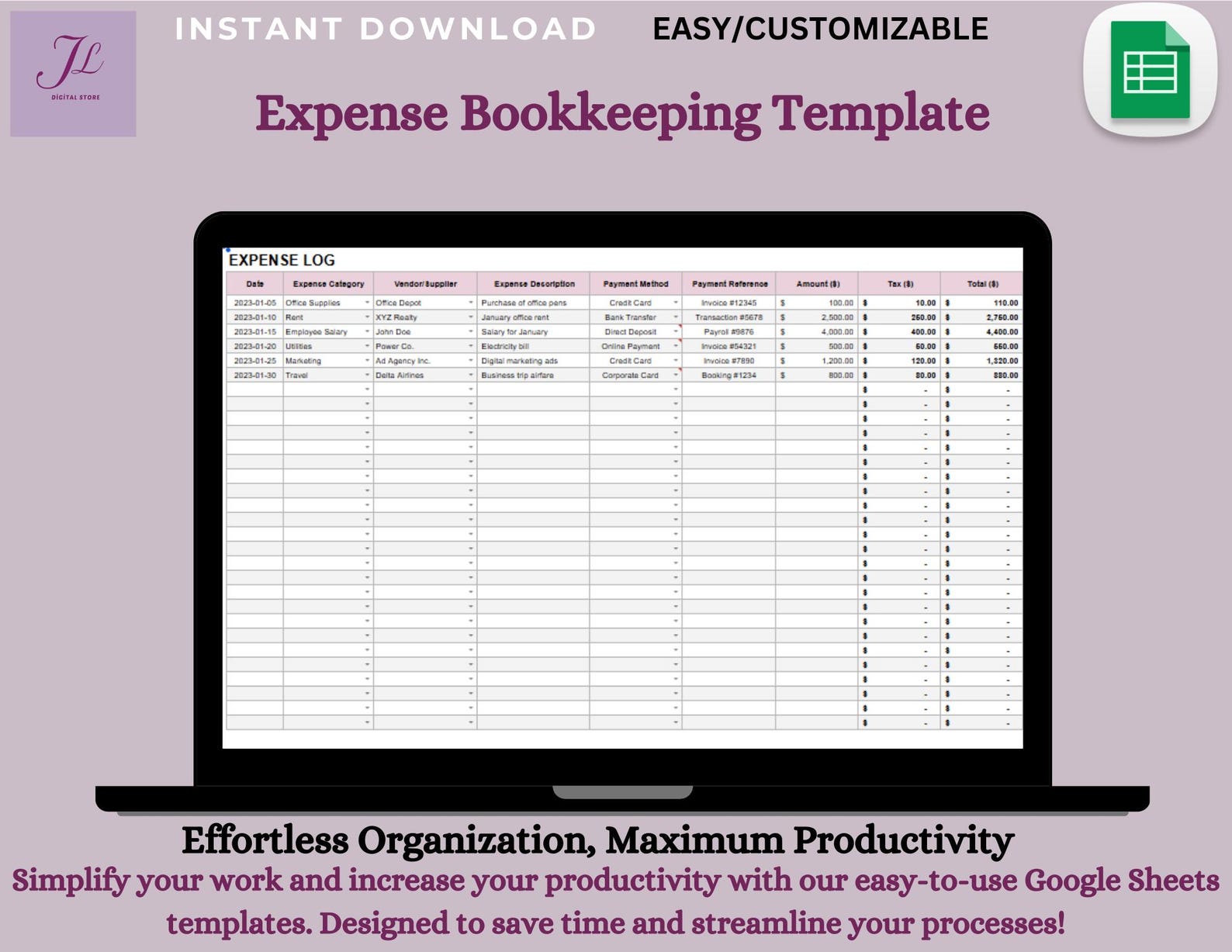 Expense Bookkeeping Template – Digital Download, Editable Google Sheets ...