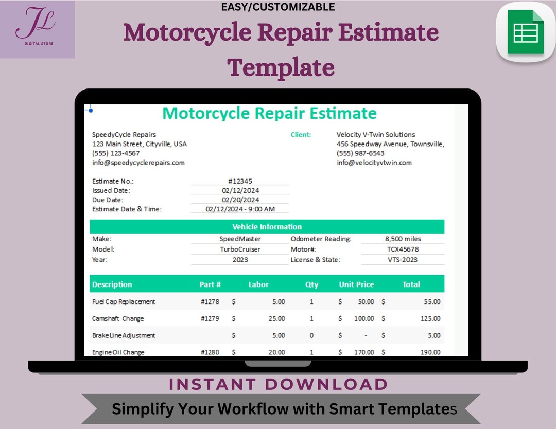 Motorcycle Repair Estimate Template – Digital Download, Editable Google ...