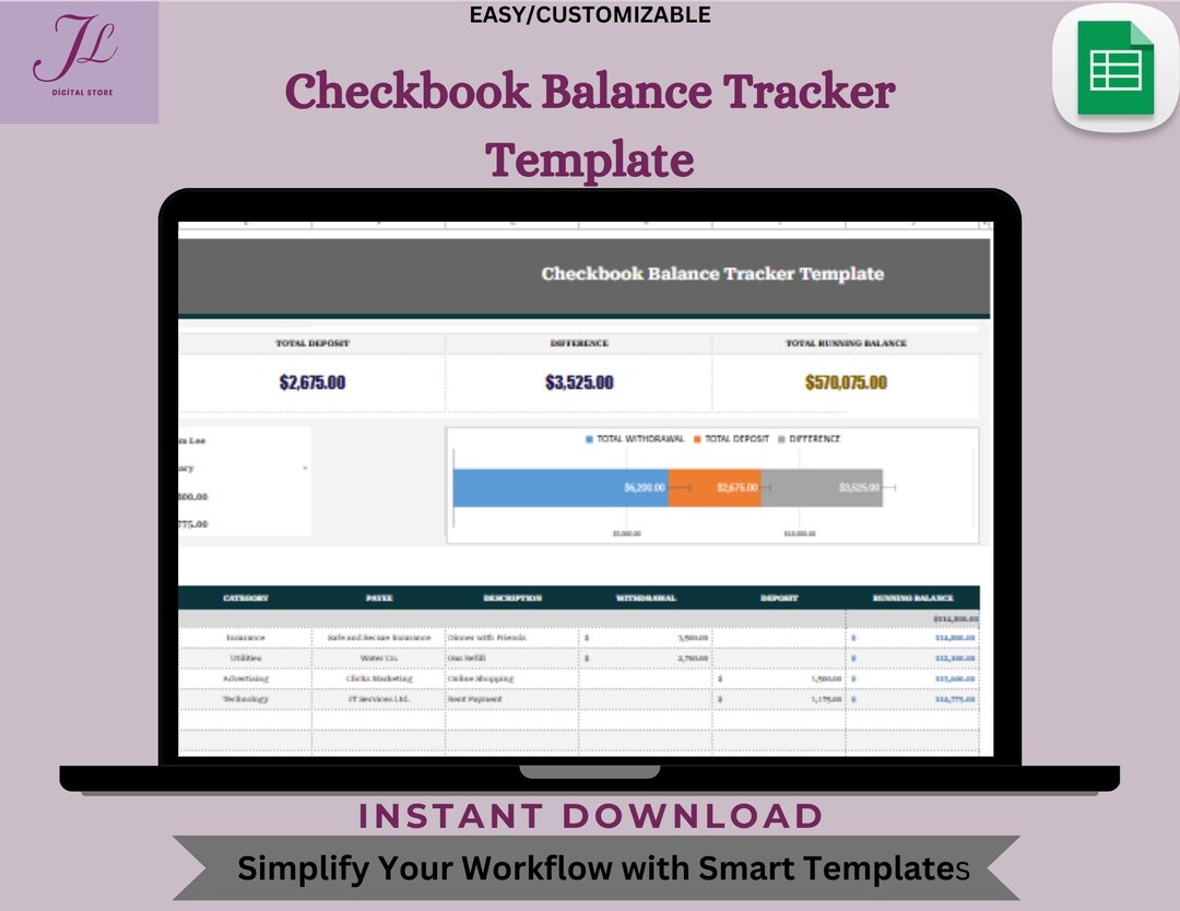 Checkbook Balance Tracker Template – Digital Download, Editable Google ...