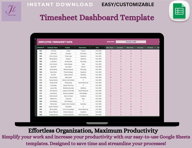 Timesheet Dashboard Template – Editable Google Sheets, Digital Download ...