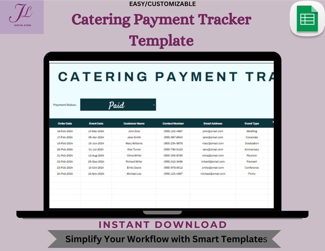 Catering Payment Tracker Template – Digital Download, Editable Google ...