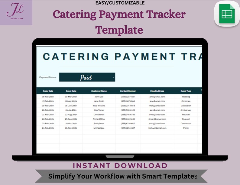 Catering Payment Tracker Template – Digital Download, Editable Google Sheets for Event ...