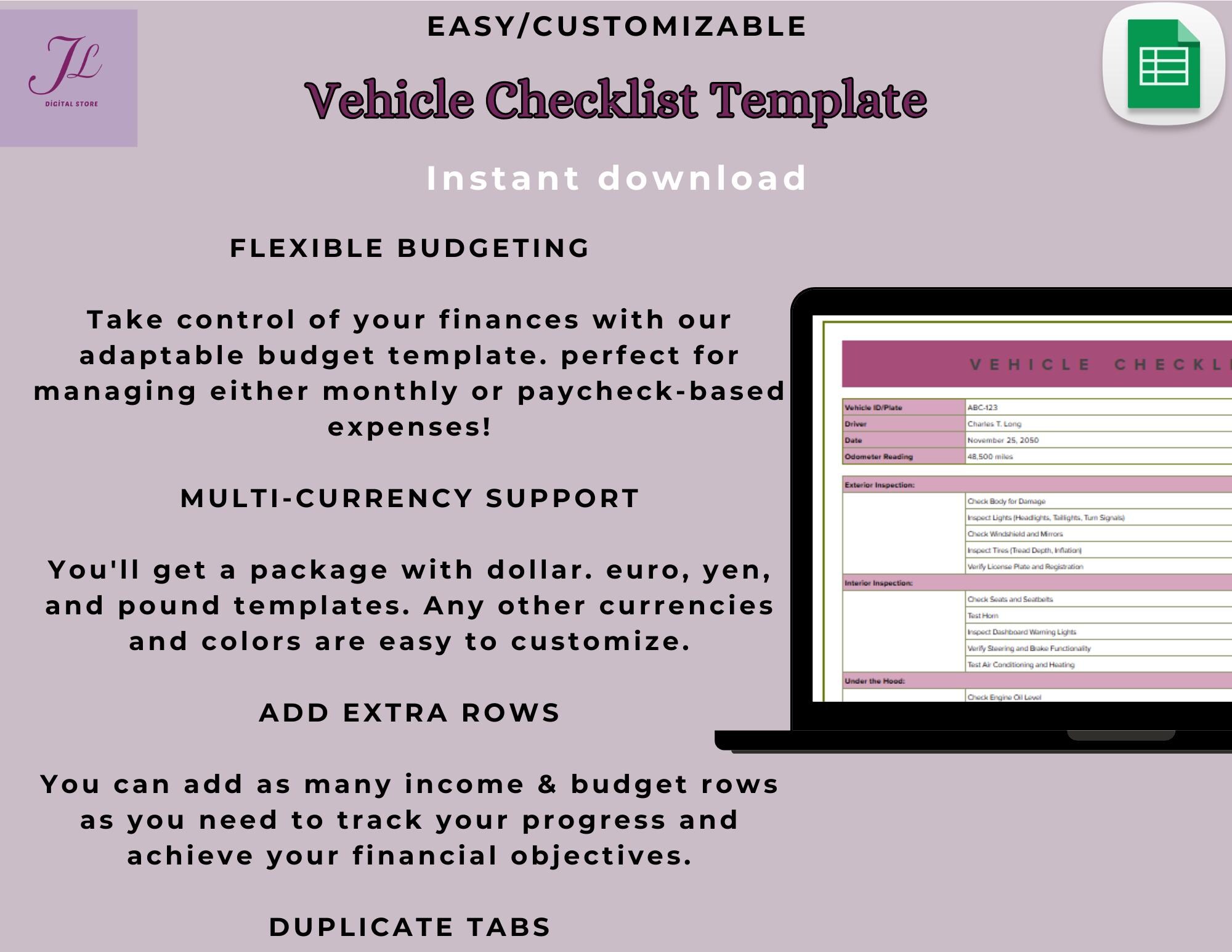 Vehicle Checklist Template – Digital Download, Editable Google Sheets ...