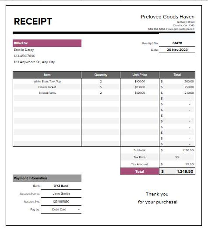 Receipt Template for Google Sheets, Invoice Template,digital Receipt ...
