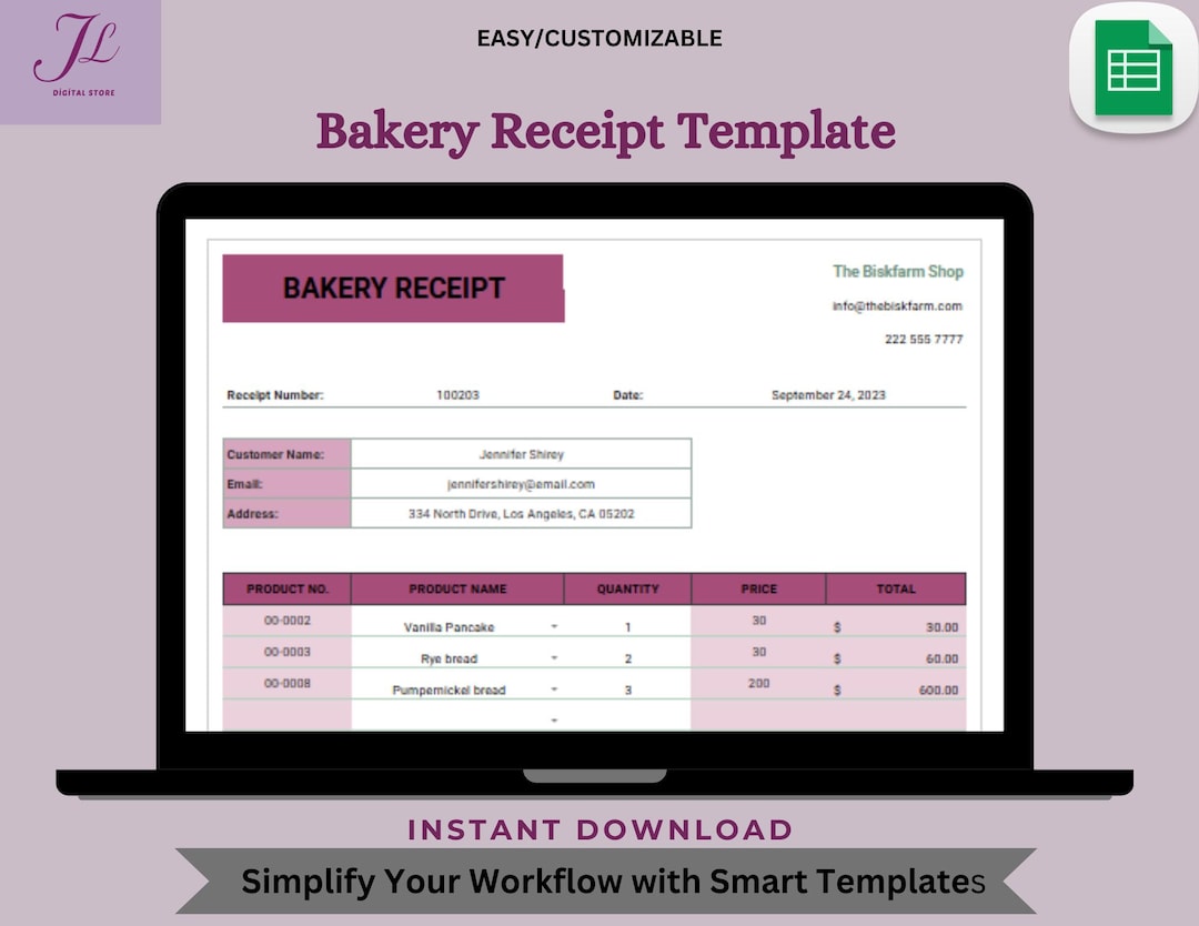 Bakery Receipt Template – Digital Download, Editable Google Sheets for ...