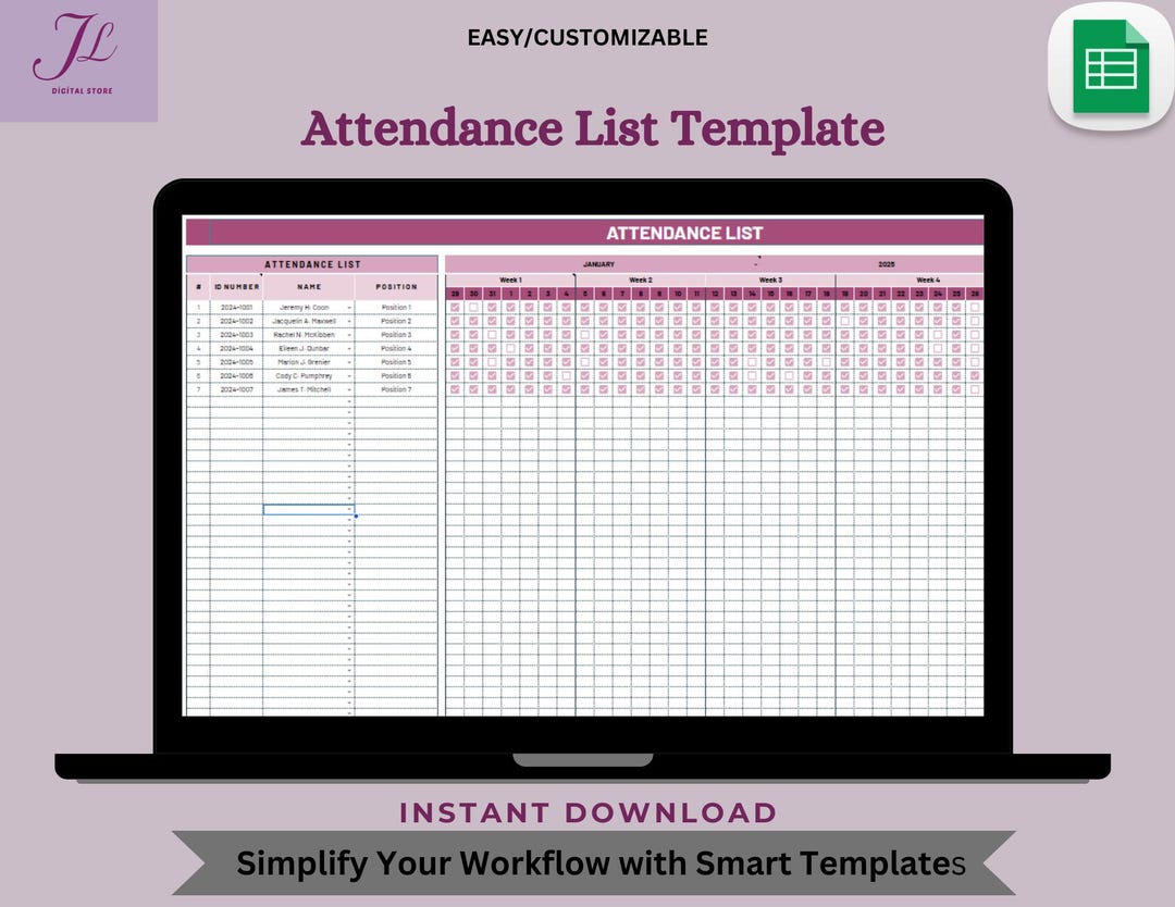 Attendance List Template – Digital Download, Editable Google Sheets for ...