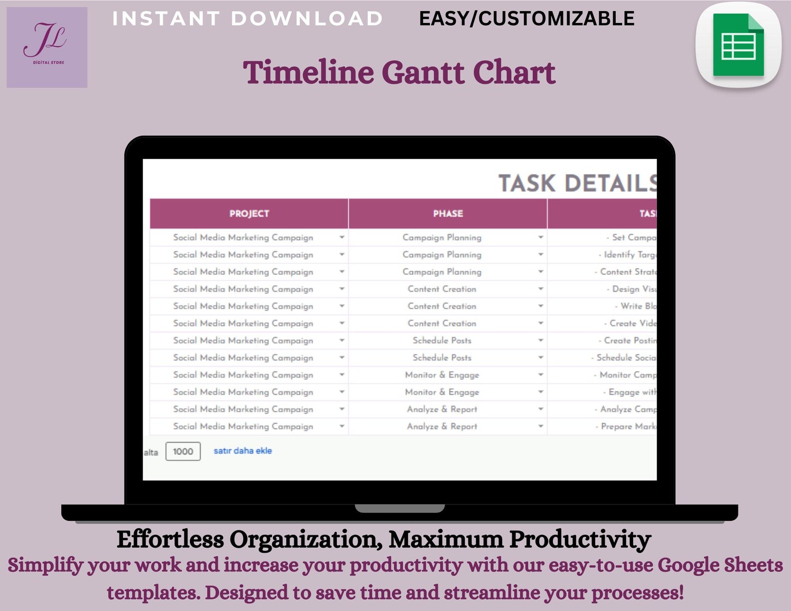 Timeline Gantt Chart – Digital Download, Editable Google Sheets for ...