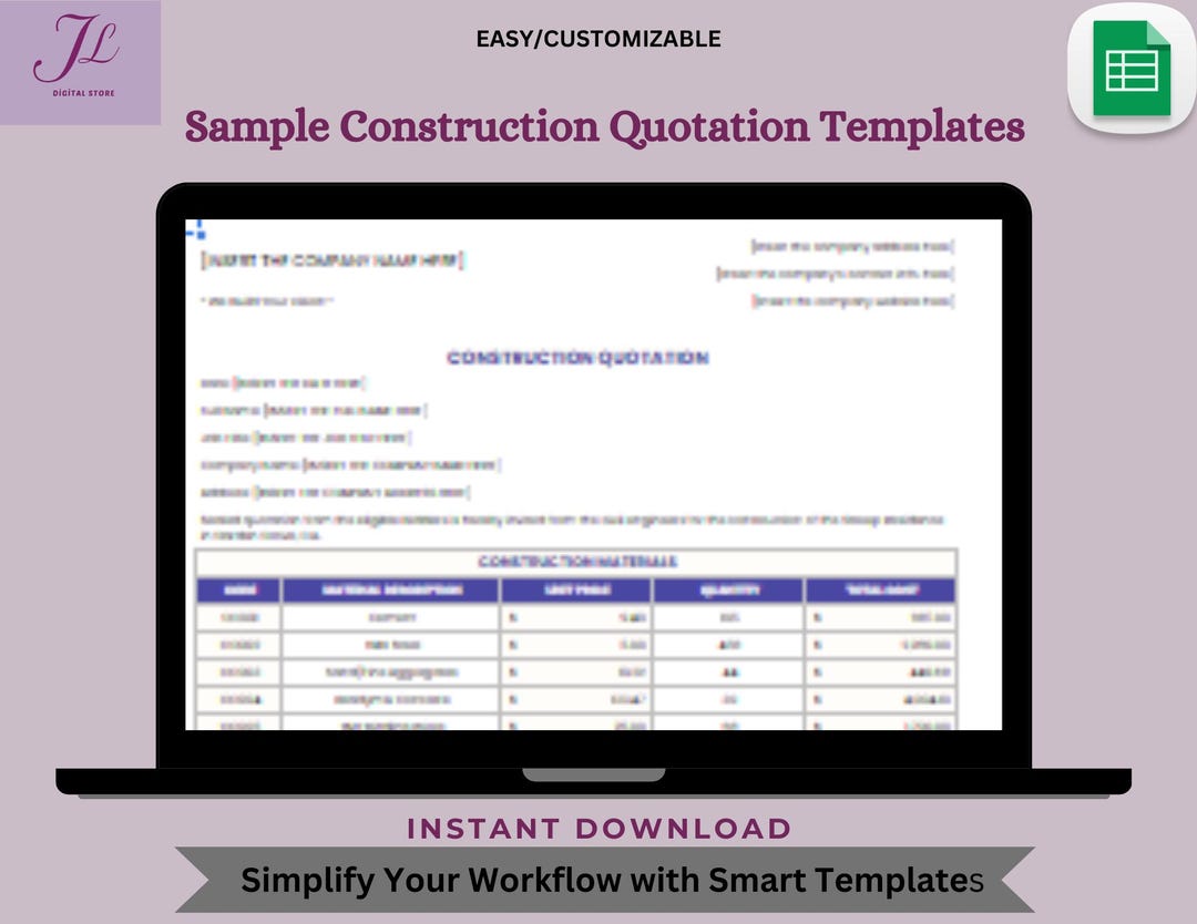 Construction Quotation Template: Editable Google Sheets (digital ...