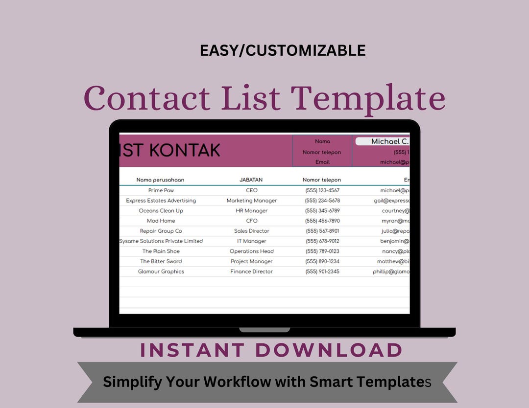 Contact List Template for Google Sheets, Editable Digital Download ...