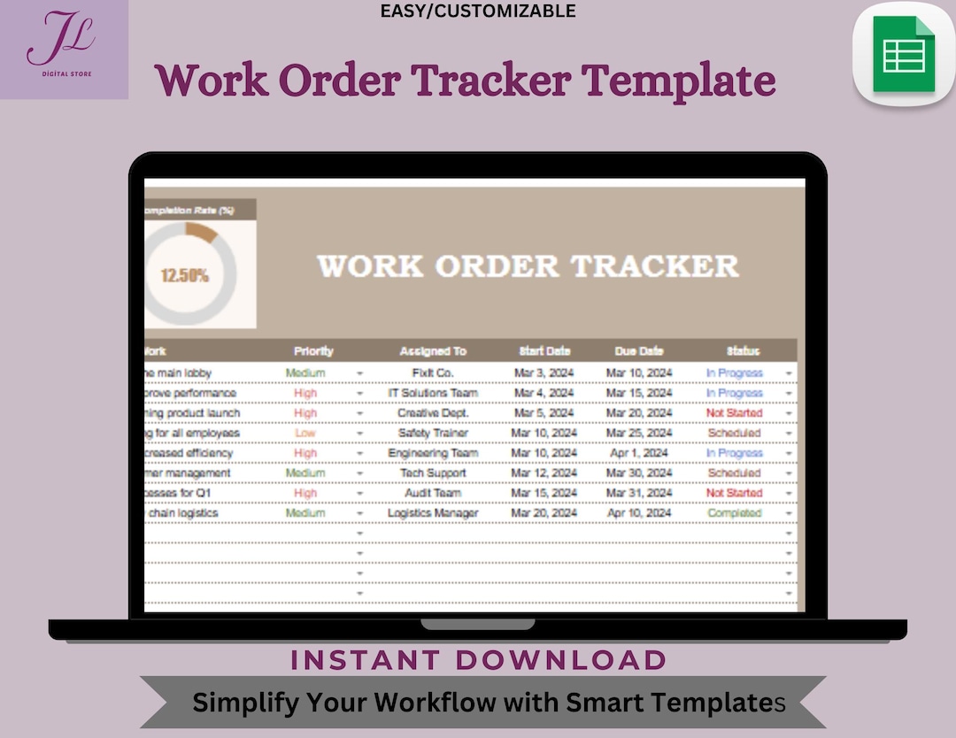 Work Order Tracker Template – Digital Download, Editable Google Sheets ...