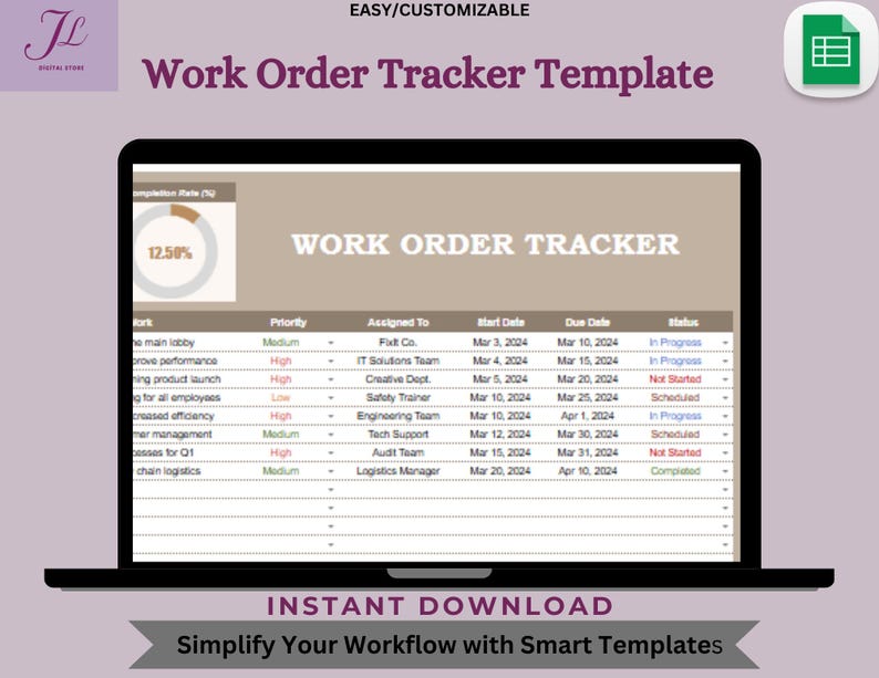 Work Order Tracker Template – Digital Download, Editable Google Sheets ...