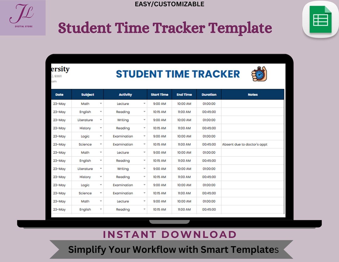 Student Time Tracker Template – Digital Download, Editable Google ...