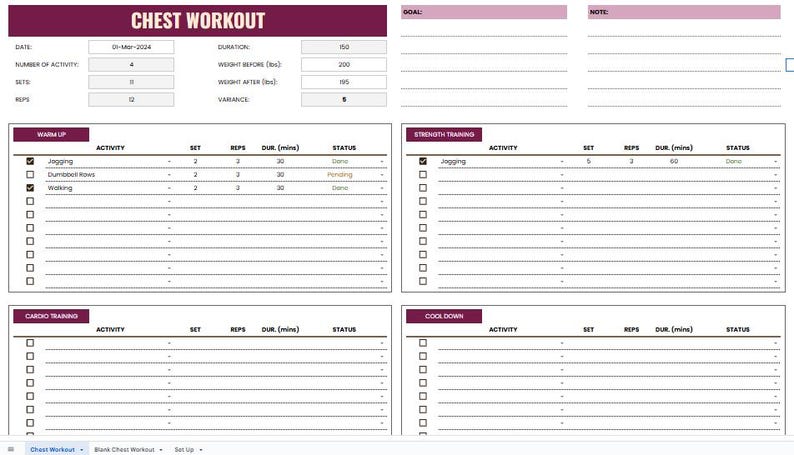 Chest Workout Template, Digital Download, Editable Google Sheets, Easy ...