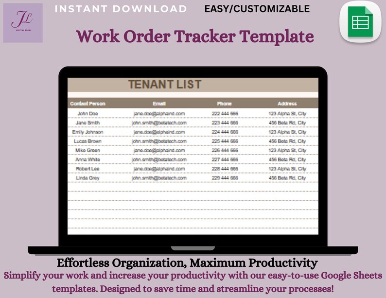 Work Order Tracker Template – Digital Download, Editable Google Sheets ...