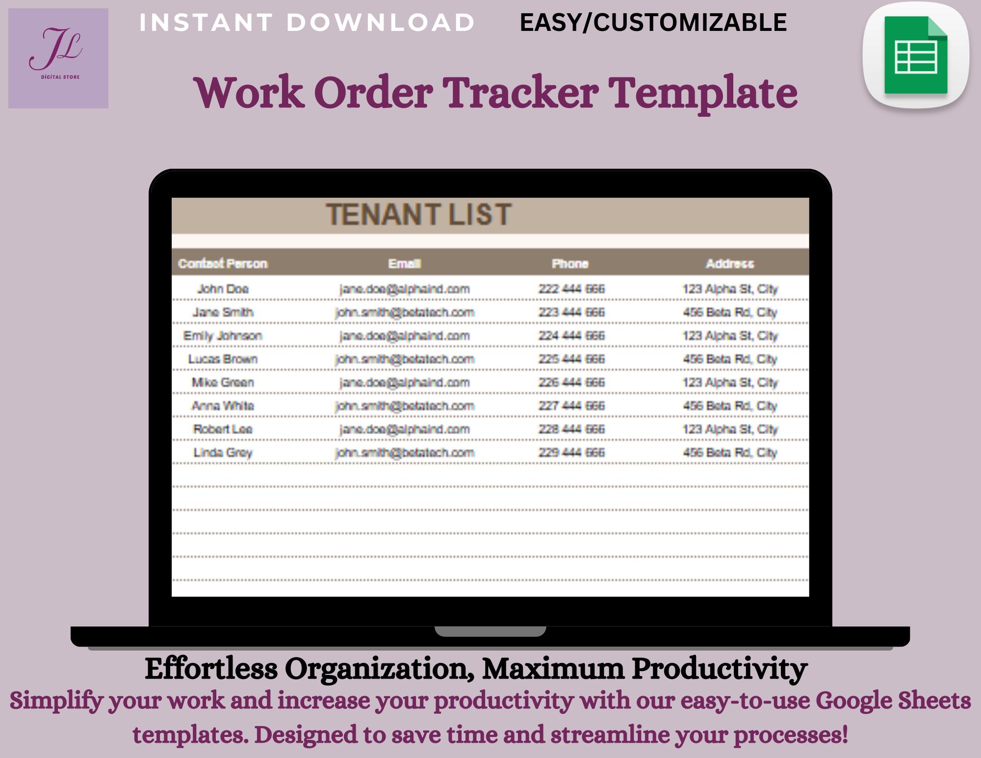 Work Order Tracker Template – Digital Download, Editable Google Sheets ...