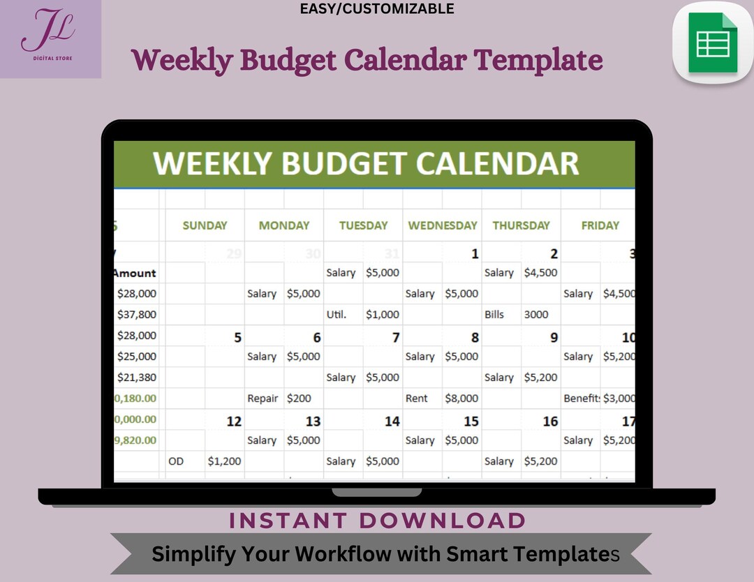 Weekly Budget Calendar Template - Digital Download, Editable Google ...