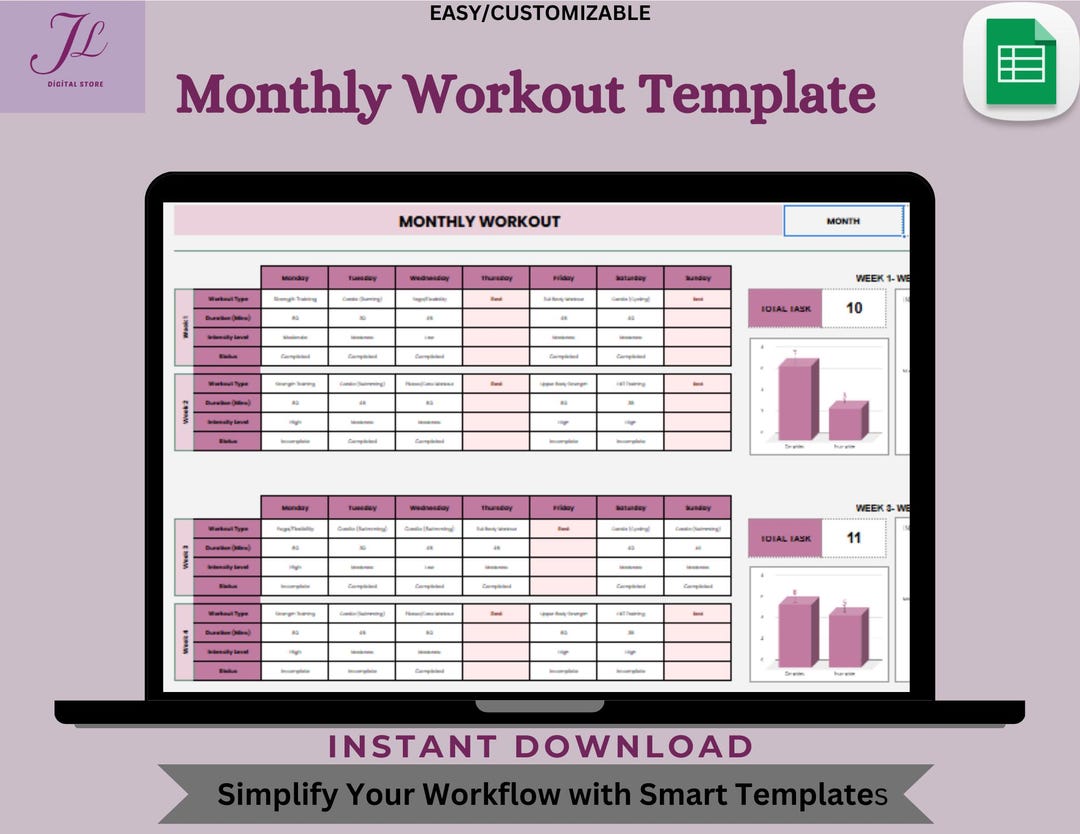 Monthly Workout Template, Workout Tracker, Exercise Planner, Workout ...