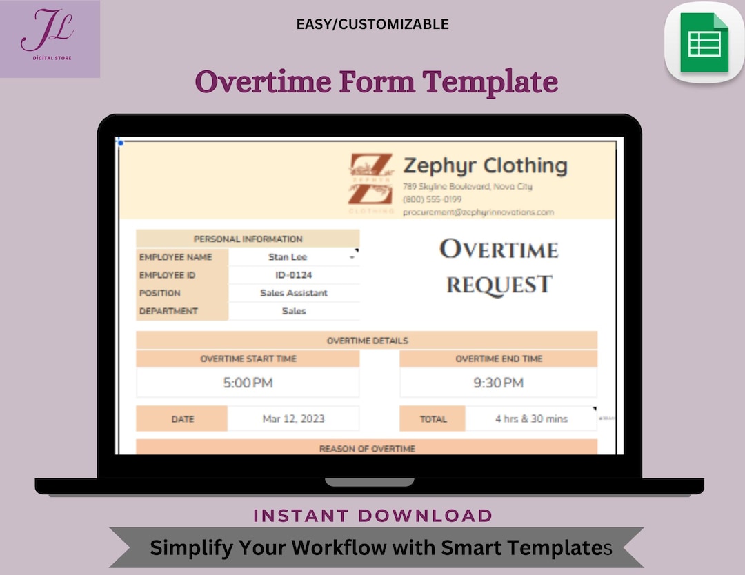 Overtime Form Template – Editable Google Sheets, Digital Download for ...