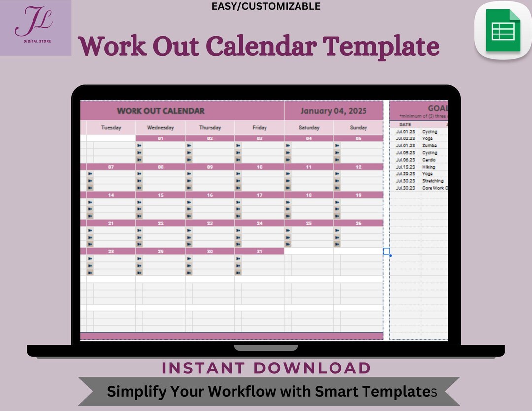 Work Out Calendar Template, Digital Download, Work Calendar ...