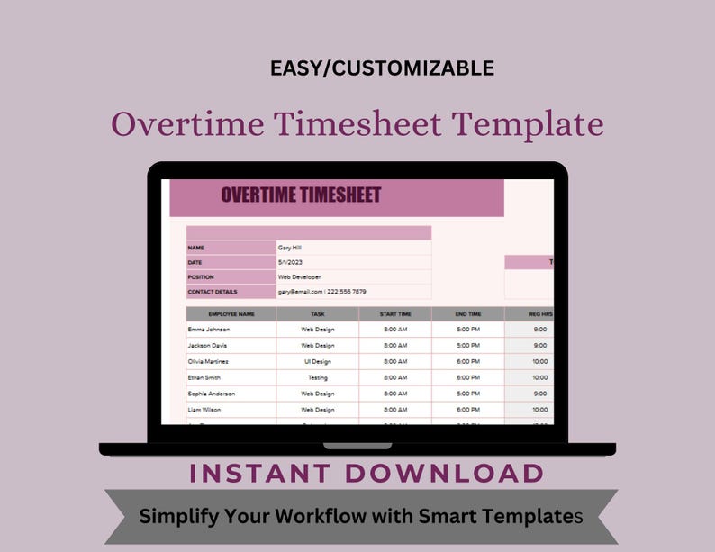 Overtime Timesheet Template for Google Sheets, Editable Digital ...
