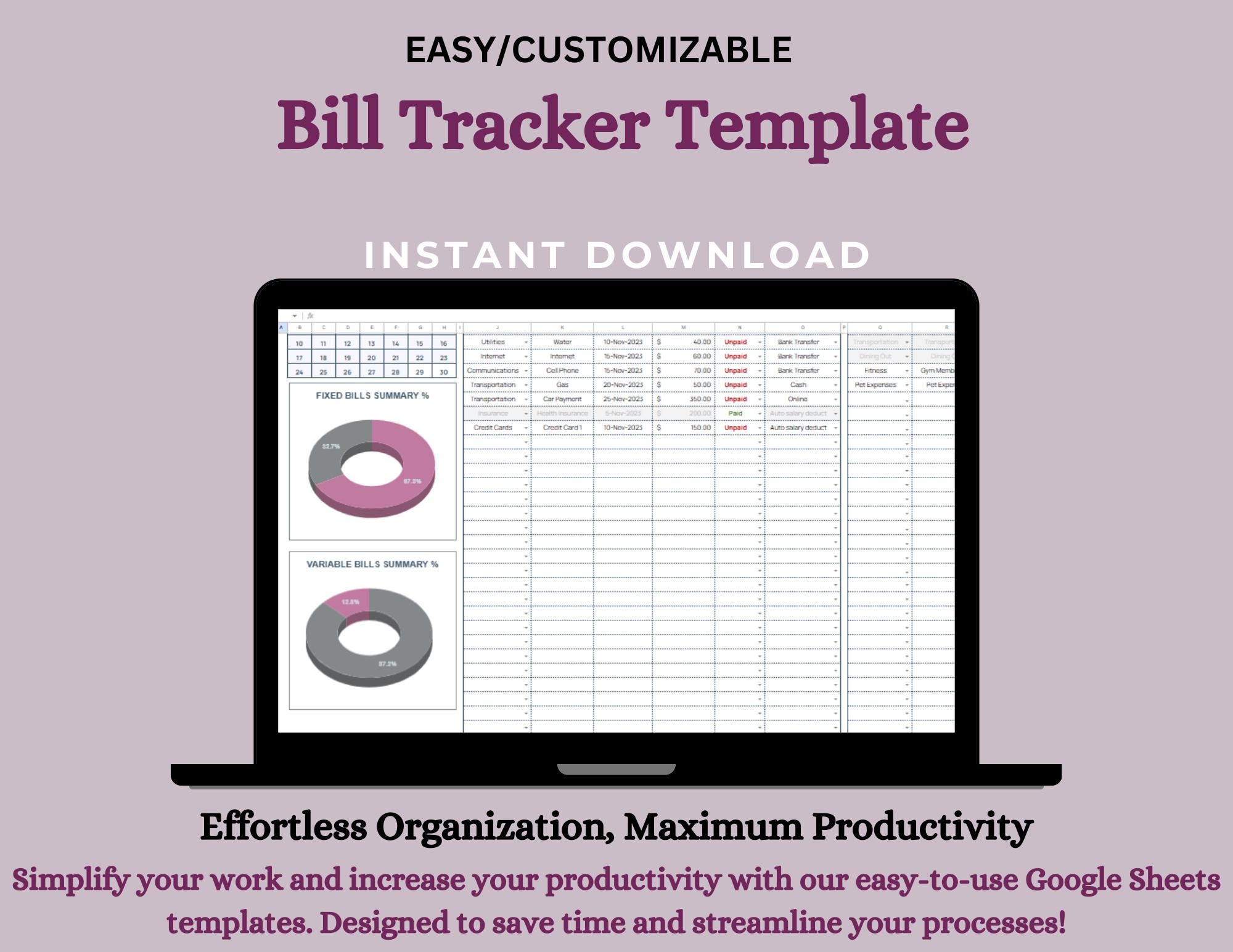 Bill Tracker Template, Editable Google Sheets, Easy-to-use Digital ...