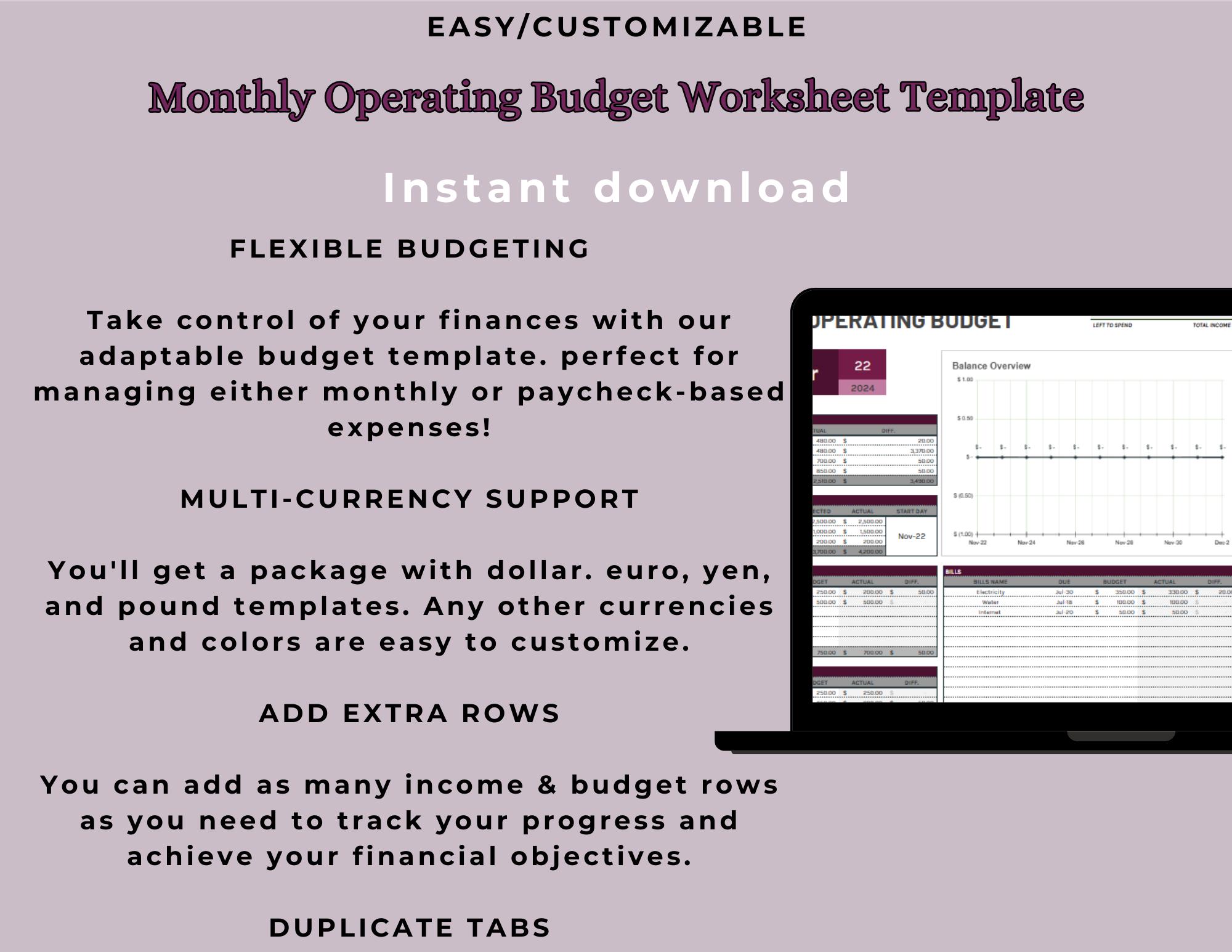 Monthly Operating Budget Worksheet Template, Editable Google Sheets ...