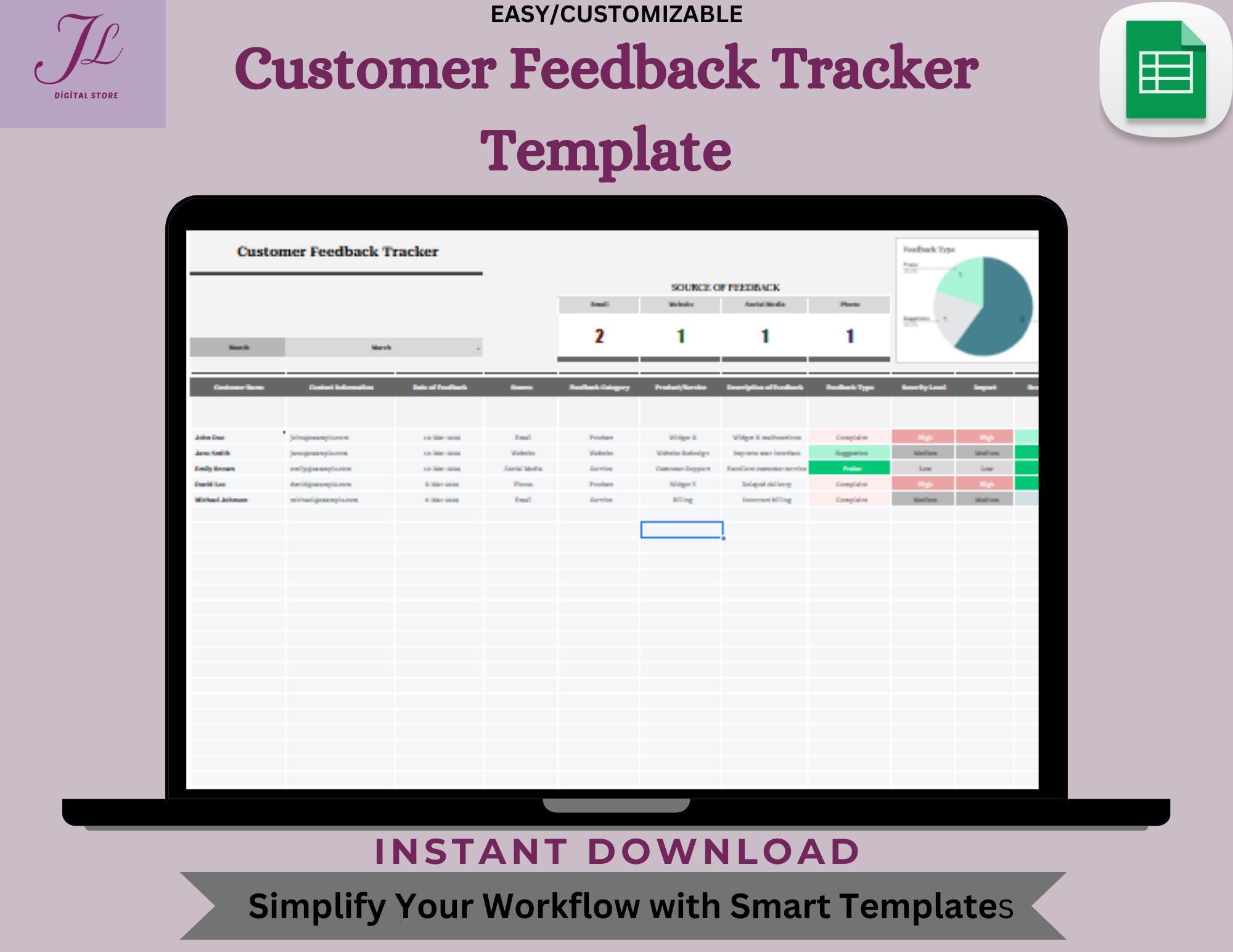Customer Feedback Tracker Template: Editable Google Sheets Log (digital ...