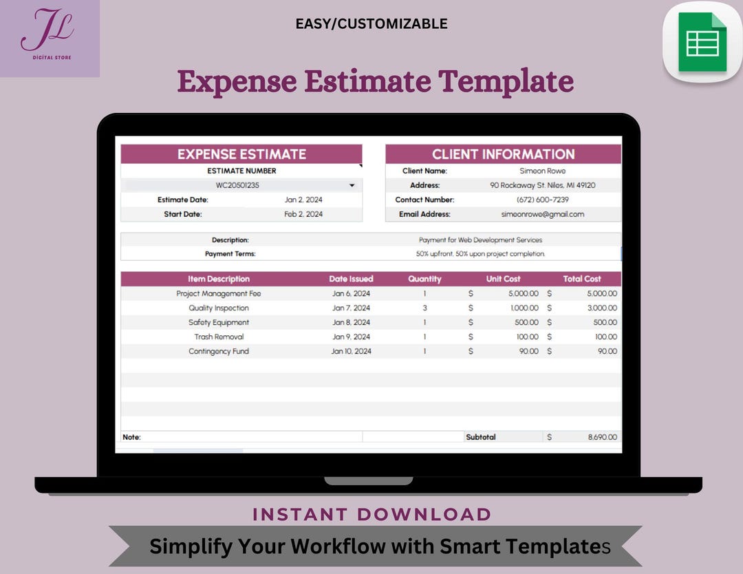 Expense Estimate Template – Digital Download, Editable Google Sheets ...