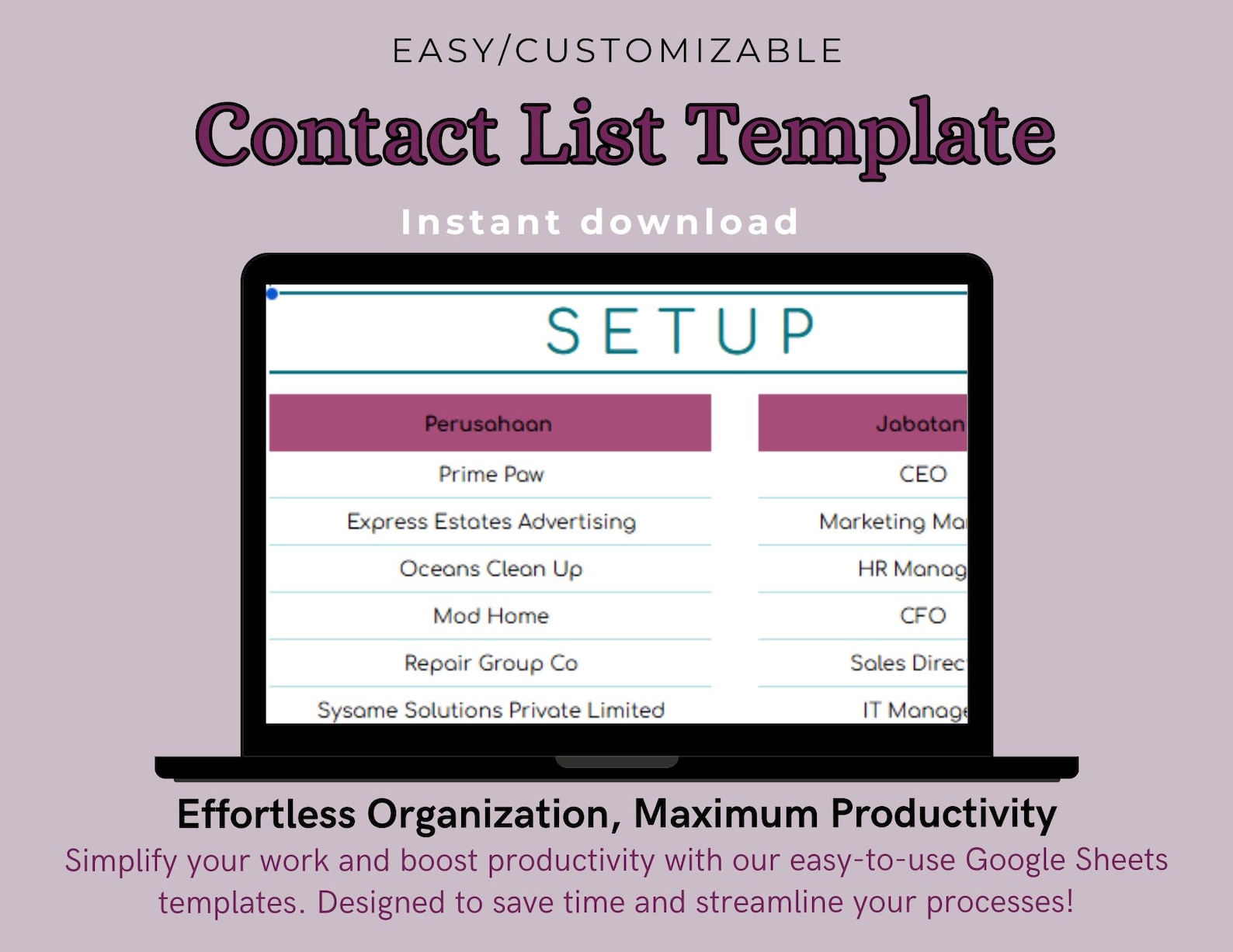 Contact List Template for Google Sheets, Editable Digital Download ...